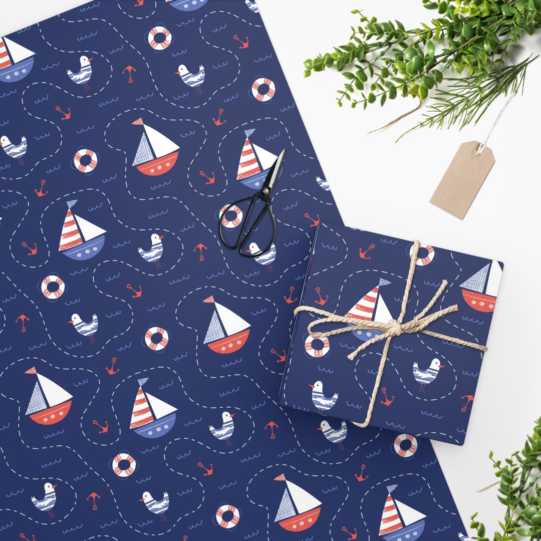 Nautical Wrapping Paper, Sailboat, Life Saver Navy Blue Gift Wrap ...
