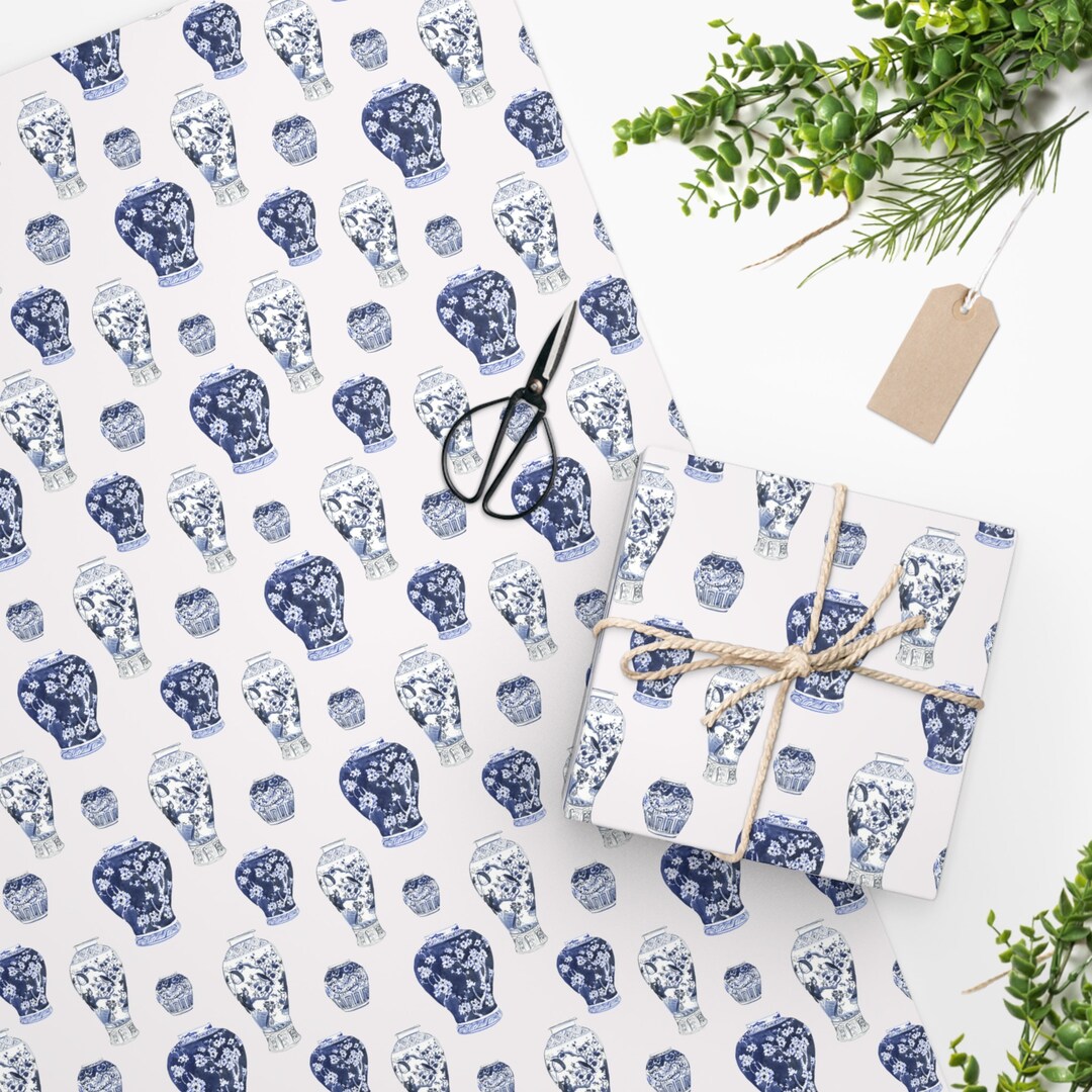 Ginger Jar Wrapping Paper, Navy and White Ginger Jars Gift Wrap ...