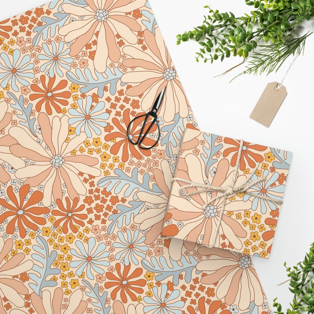 Retro Flower Wrapping Paper Sheet, 70s Boho Hippie Gift Wrap, Floral ...
