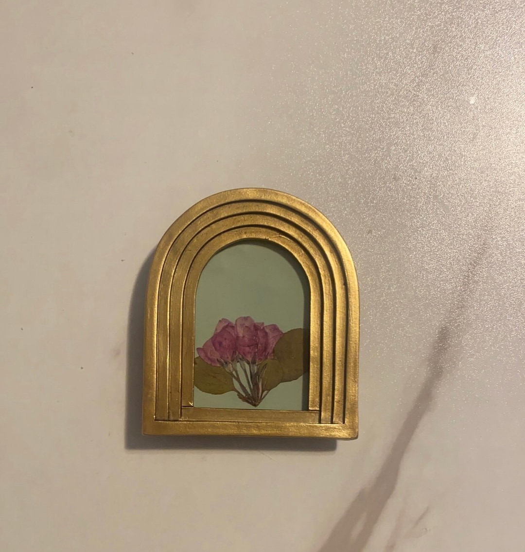 Modern Antique Brass Arch Frame Pressed Begonia Arrangement Green Gold ...