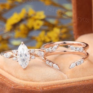 Marquise Cut Moissanite Engagement Ring Set Vintage Rose Gold Enhancer Double Diamond Band ...