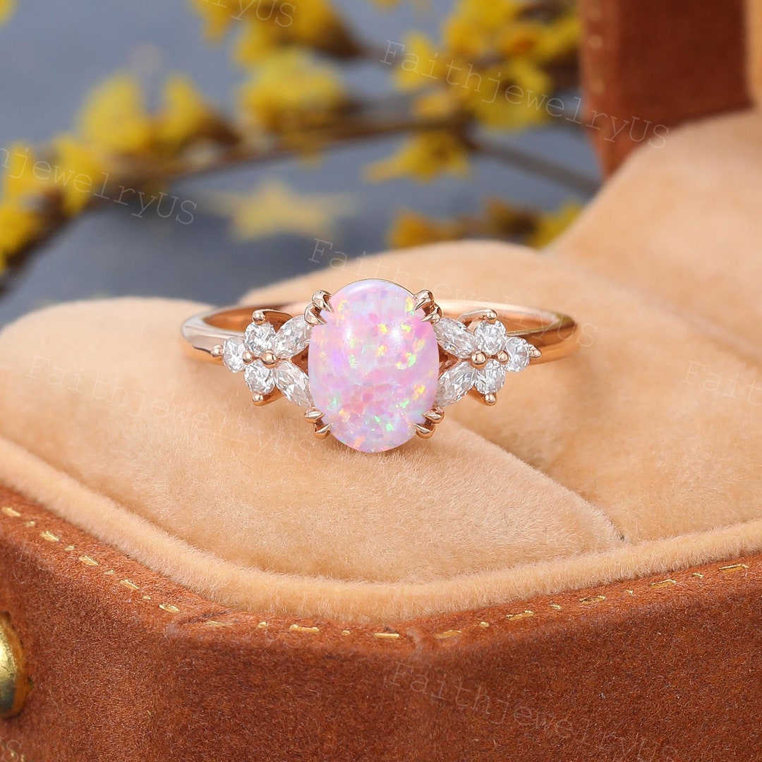 Oval Cut Lab Pink Opal Engagement Ring Delicate Marriage Ring Solid ...