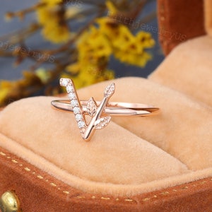 V Letter Ring Wedding Band Rose Gold Personalized Initial Ring Twig ...