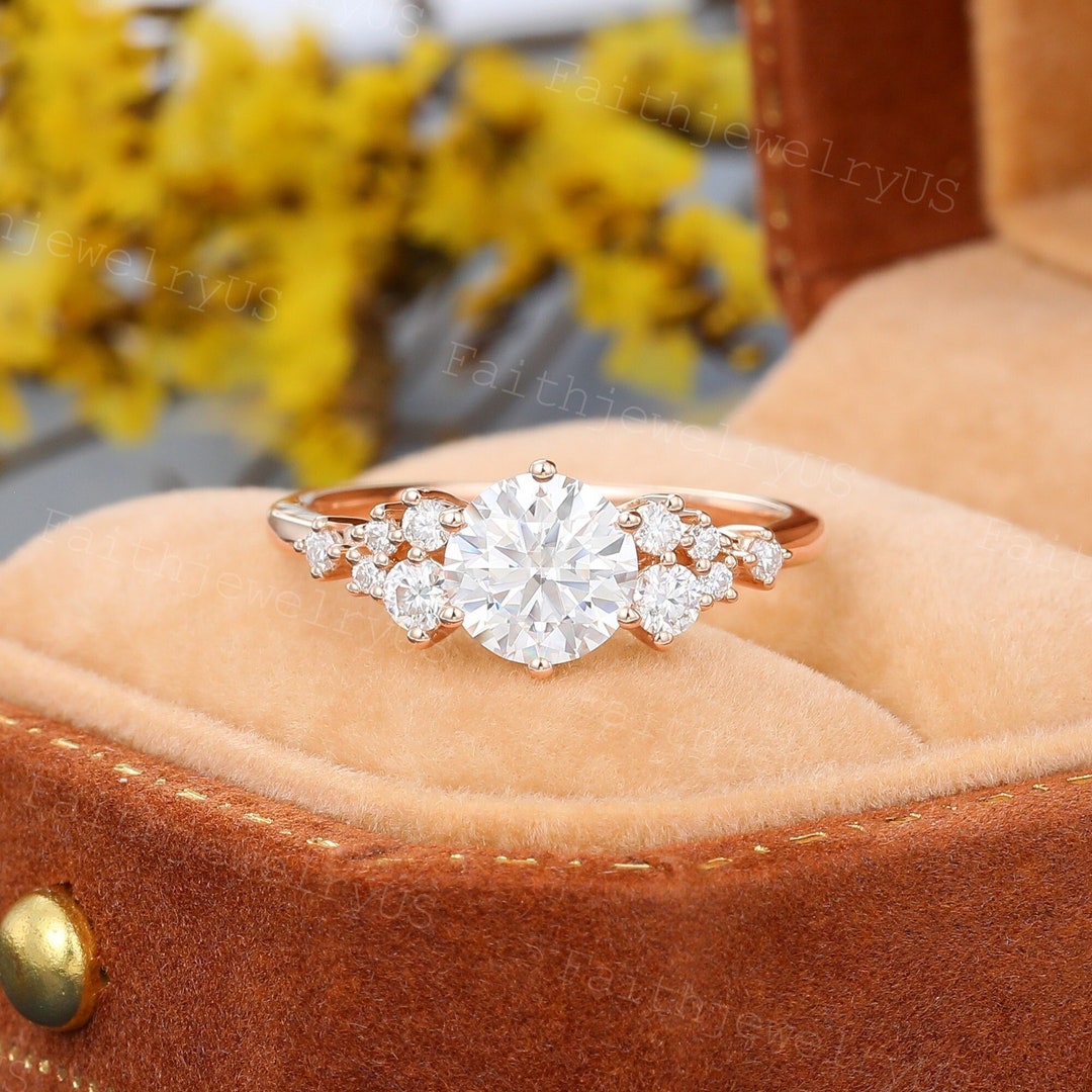 Vintage Moissanite Engagement Ring Solid Rose Gold Ring Cluster Lab ...