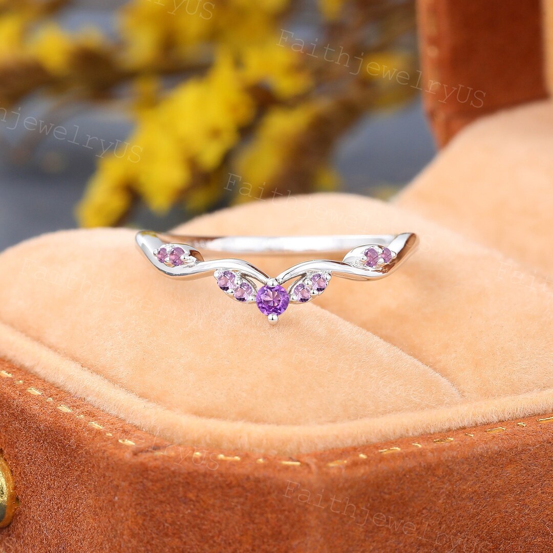 Unique Amethyst Curved Wedding Band Solid White Gold Wedding Band ...