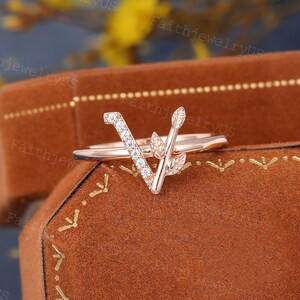 V Letter Ring Wedding Band Rose Gold Personalized Initial Ring Twig ...