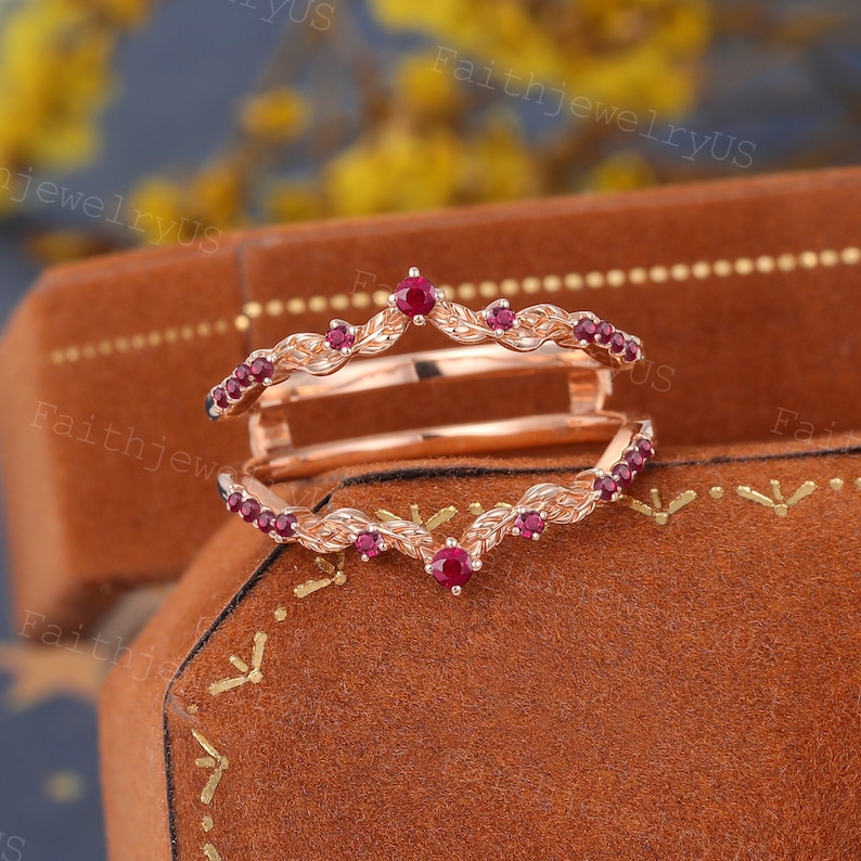Double Enhancer Natural Ruby Wedding Band Vintage Rose Gold Wedding ...