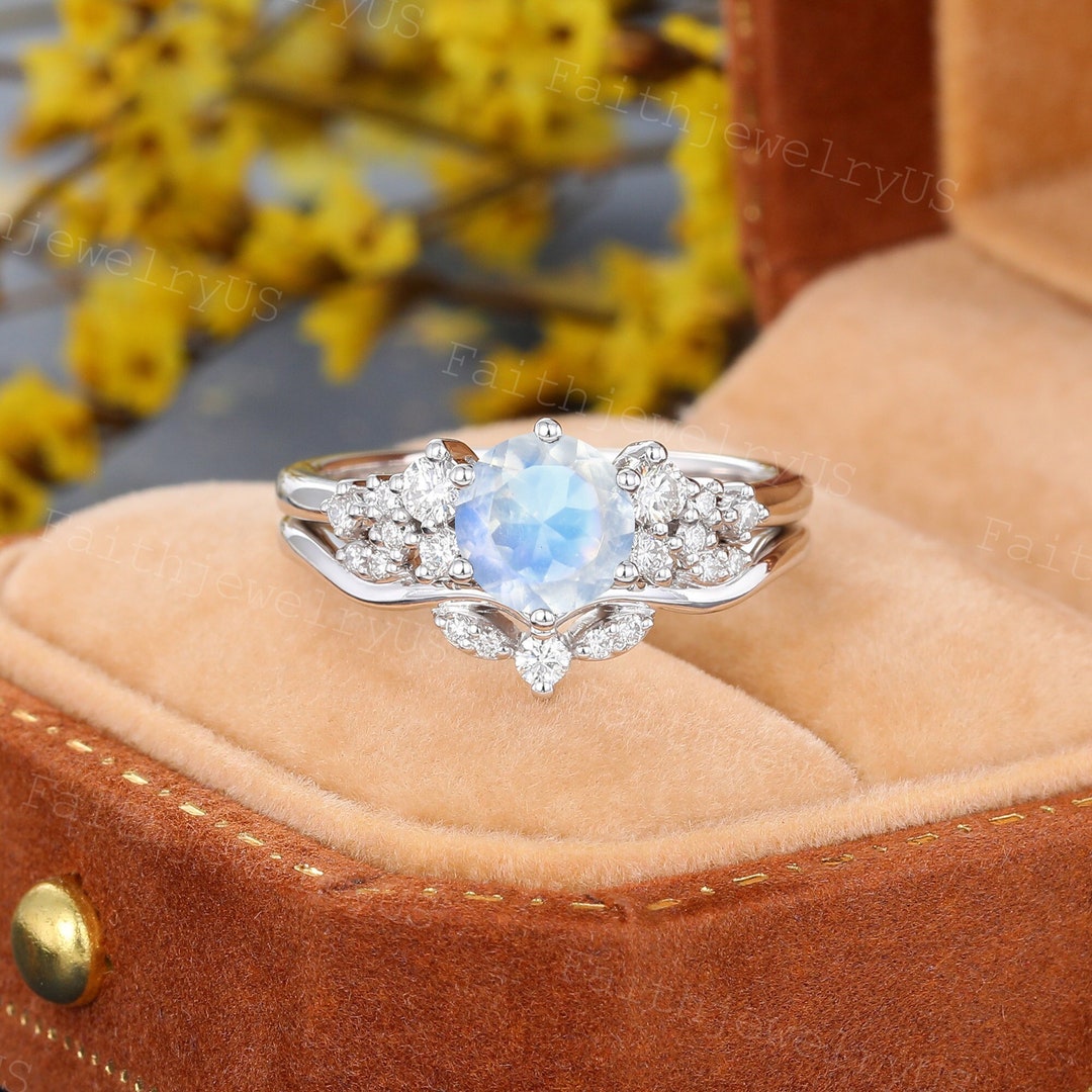 Moonstone Engagement Ring Set Unique White Gold Ring Set Cluster ...