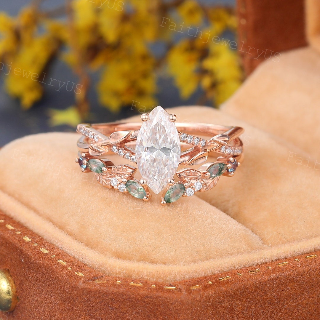 Marquise Cut Moissanite Engagement Ring Set Vintage Rose Gold Marquise ...