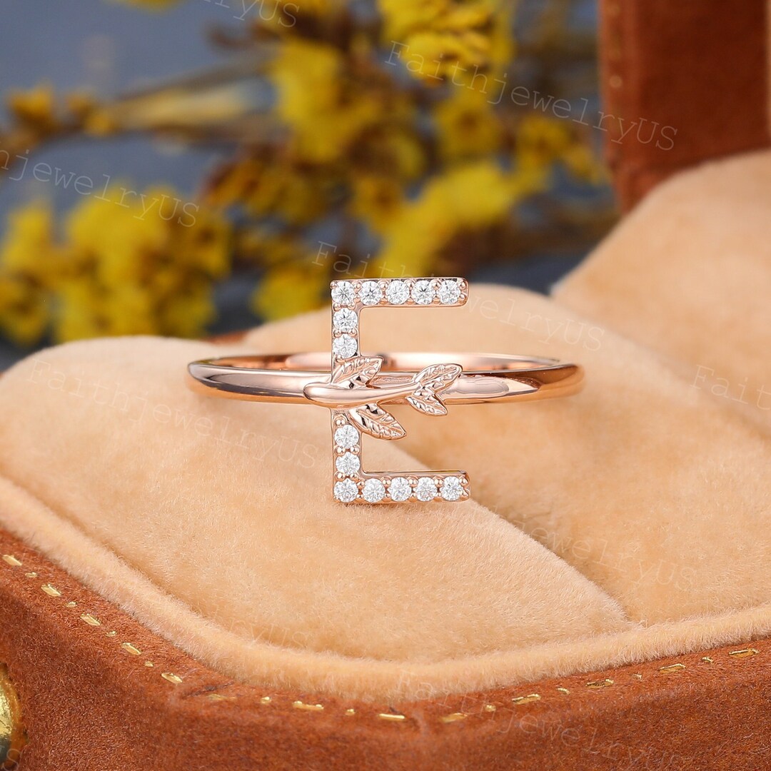 E Letter Ring Wedding Band Rose Gold Personalized Initial Ring Twig ...