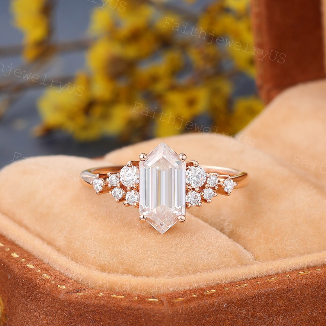 Long Hexagon Cut Engagement Ring Solid Rose Gold Ring Cluster ...