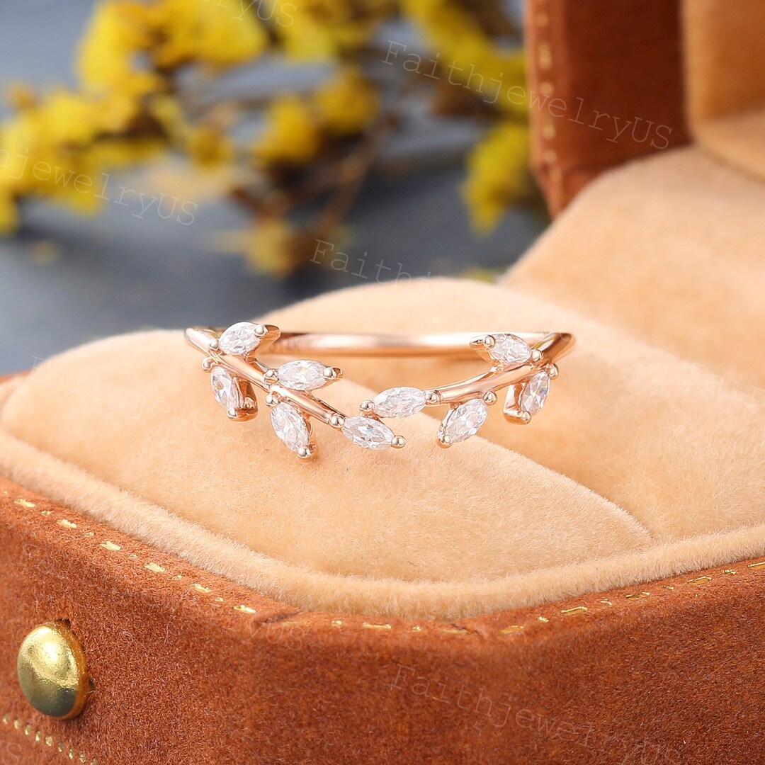 Marquise Cut Moissanite Curved Wedding Band Vintage Rose Gold Wedding Band Diamond Leaf Wedding ...
