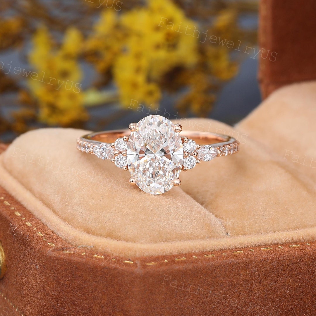 1.0-2.0CT Oval Cut Lab Diamond Engagement Ring IGI Certified Vintage Rose Gold Marquise Cut ...