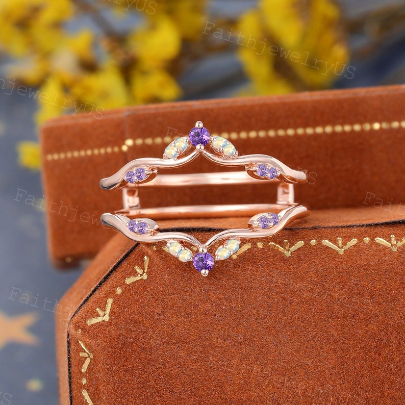 Double Enhancer Amethyst Wedding Band Vintage Rose Gold Natural Opal ...