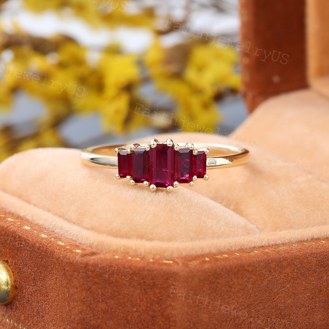 Baguette Cut Lab Ruby Engagement Ring Unique Yellow Gold Promise ...