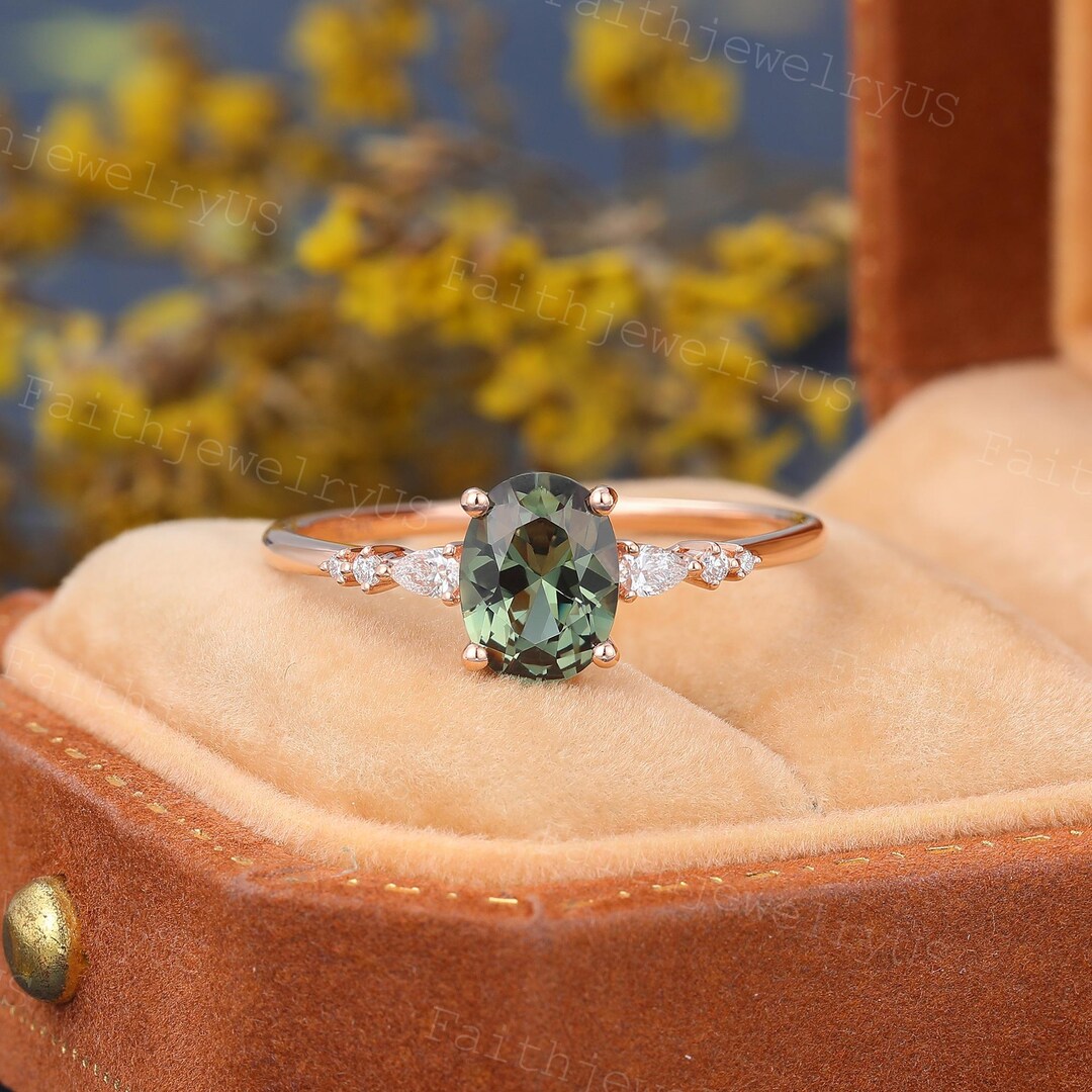 Oval Cut Green Sapphire Engagement Ring Vintage Rose Gold Pear Shaped ...