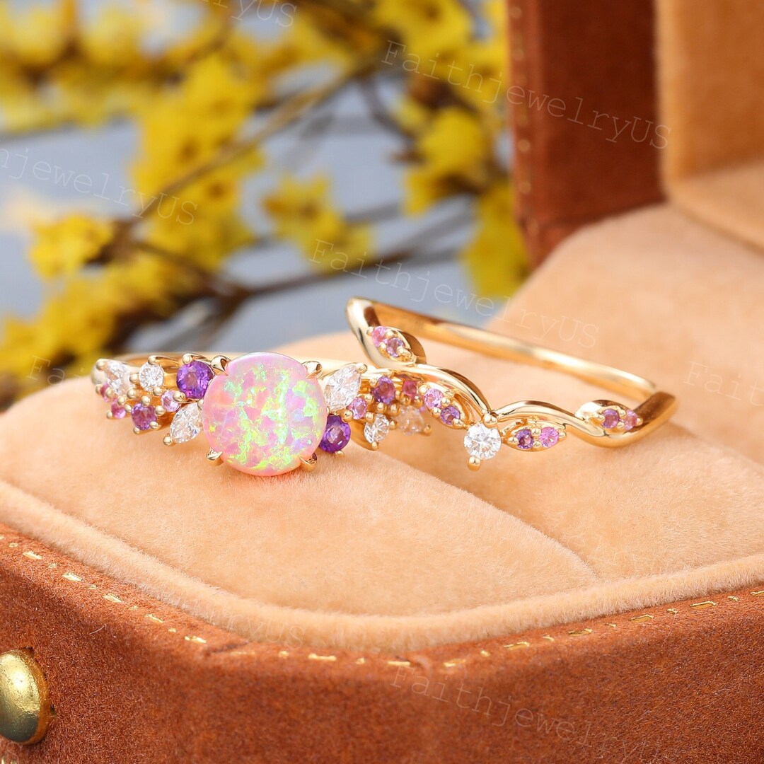 Unique Pink Fire Opal Engagement Ring Set Yellow Gold Bridal Ring Set ...