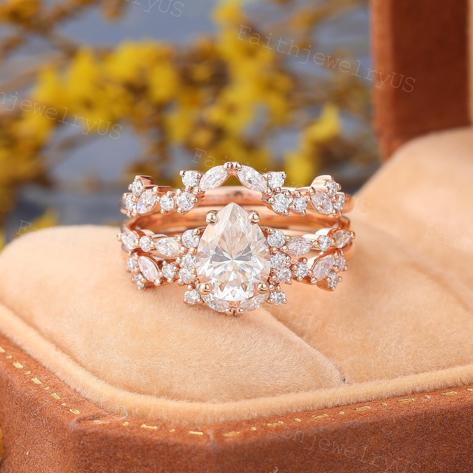Pear Cut Moissanite Engagement Ring Set Vintage Rose Gold Enhancer ...