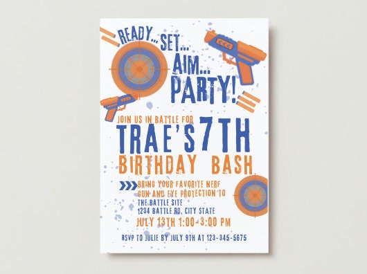 Nerf War Birthday Party, Printable Nerf Party Invitation Template, Any ...
