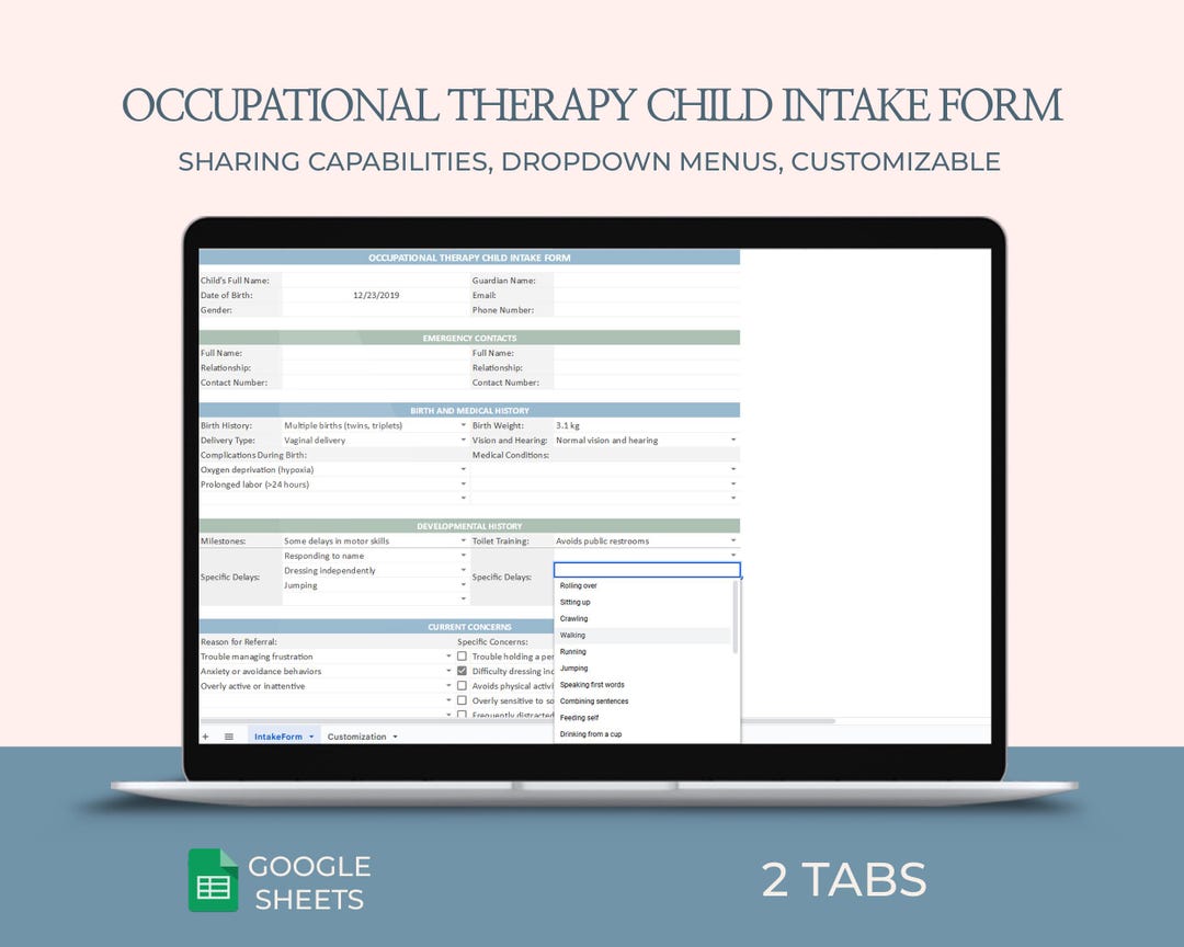 Occupational Therapy Child Intake Form Pediatric Assessment Therapist ...