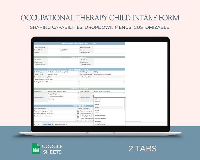 Occupational Therapy Child Intake Form Pediatric Assessment Therapist ...