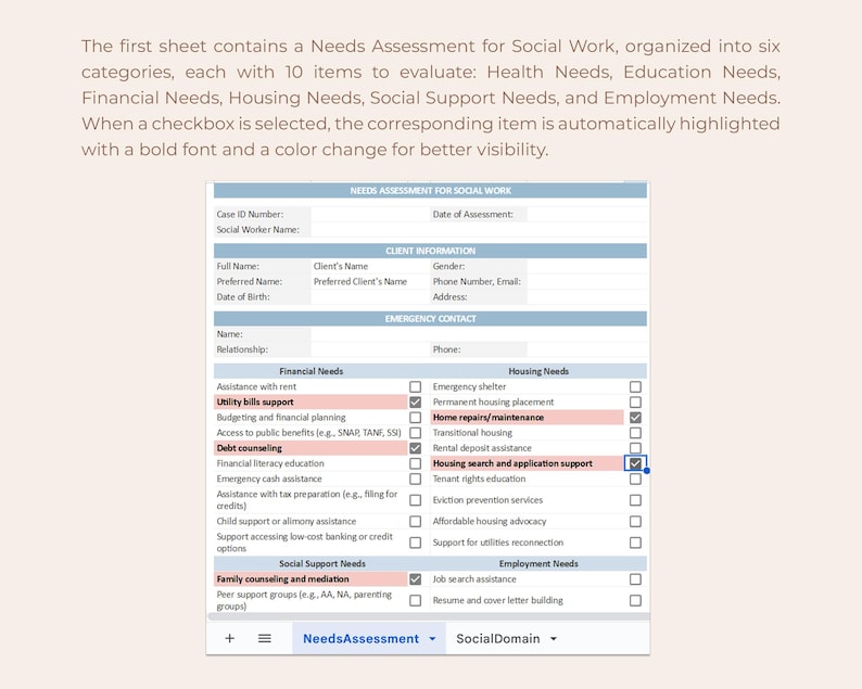 Social Work Need Assessment, Social Worker Form, Documents for Social ...