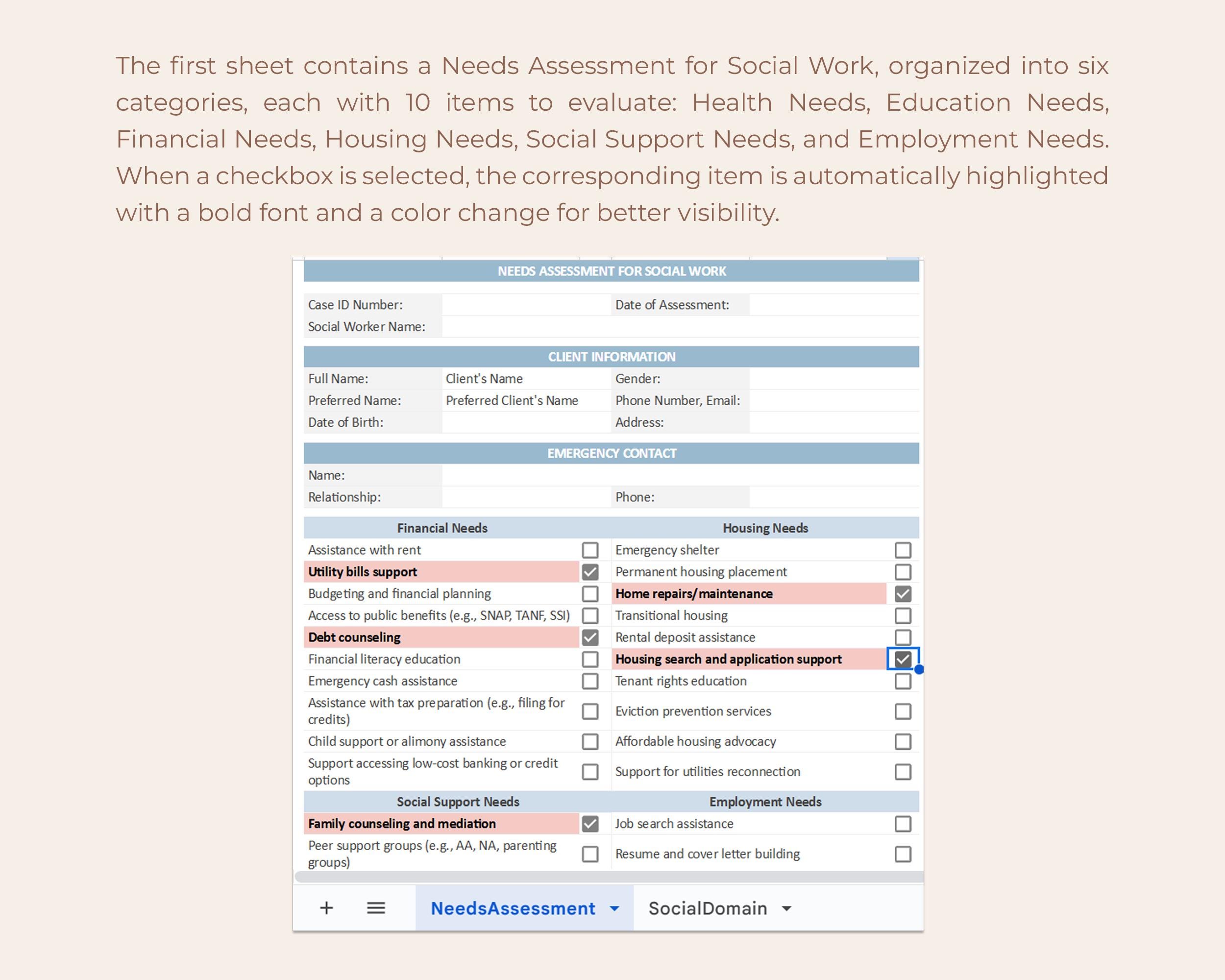 Social Work Need Assessment, Social Worker Form, Documents for Social ...