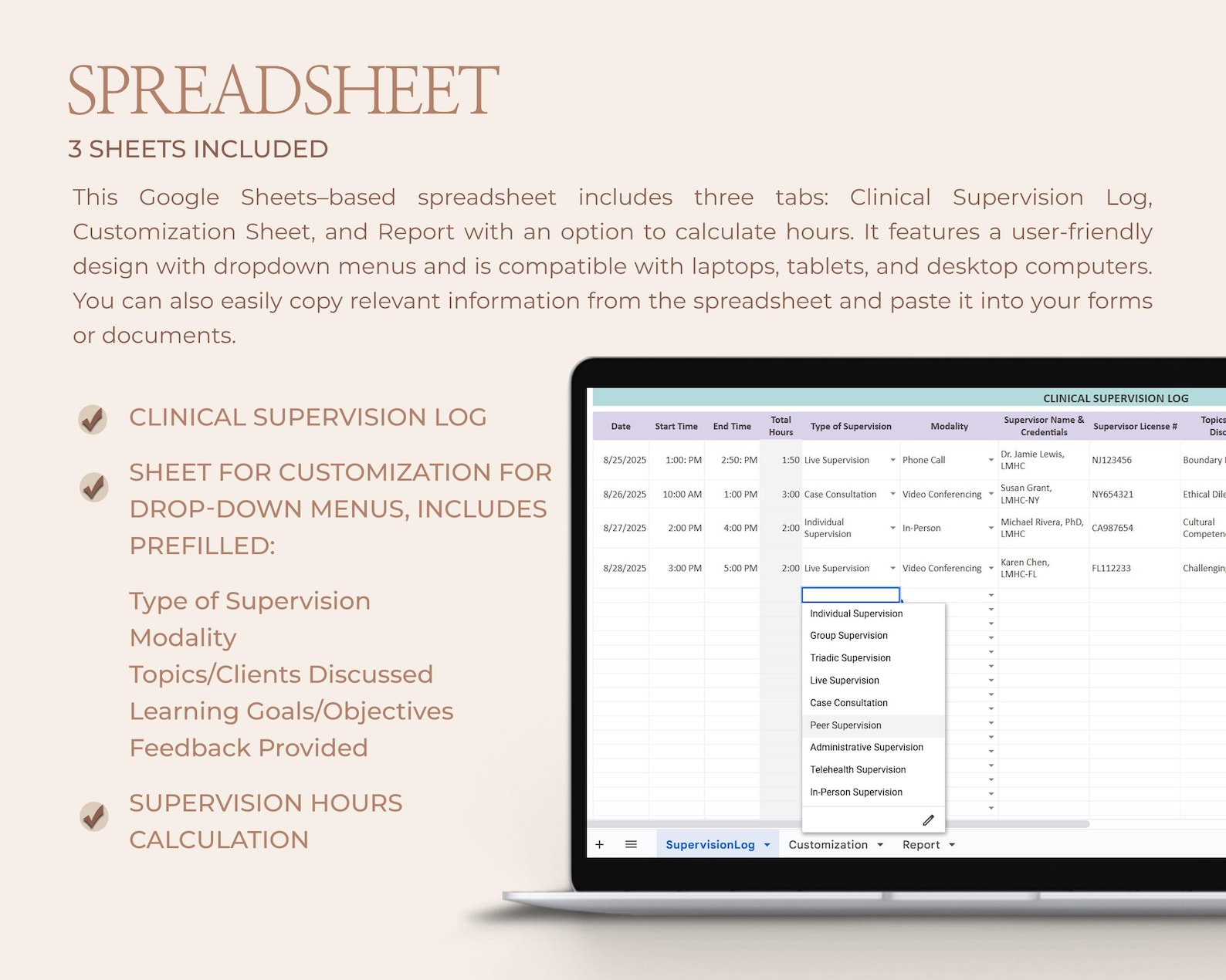 Clinical Supervision Log Template for Pre Licensed Therapists Tracking ...