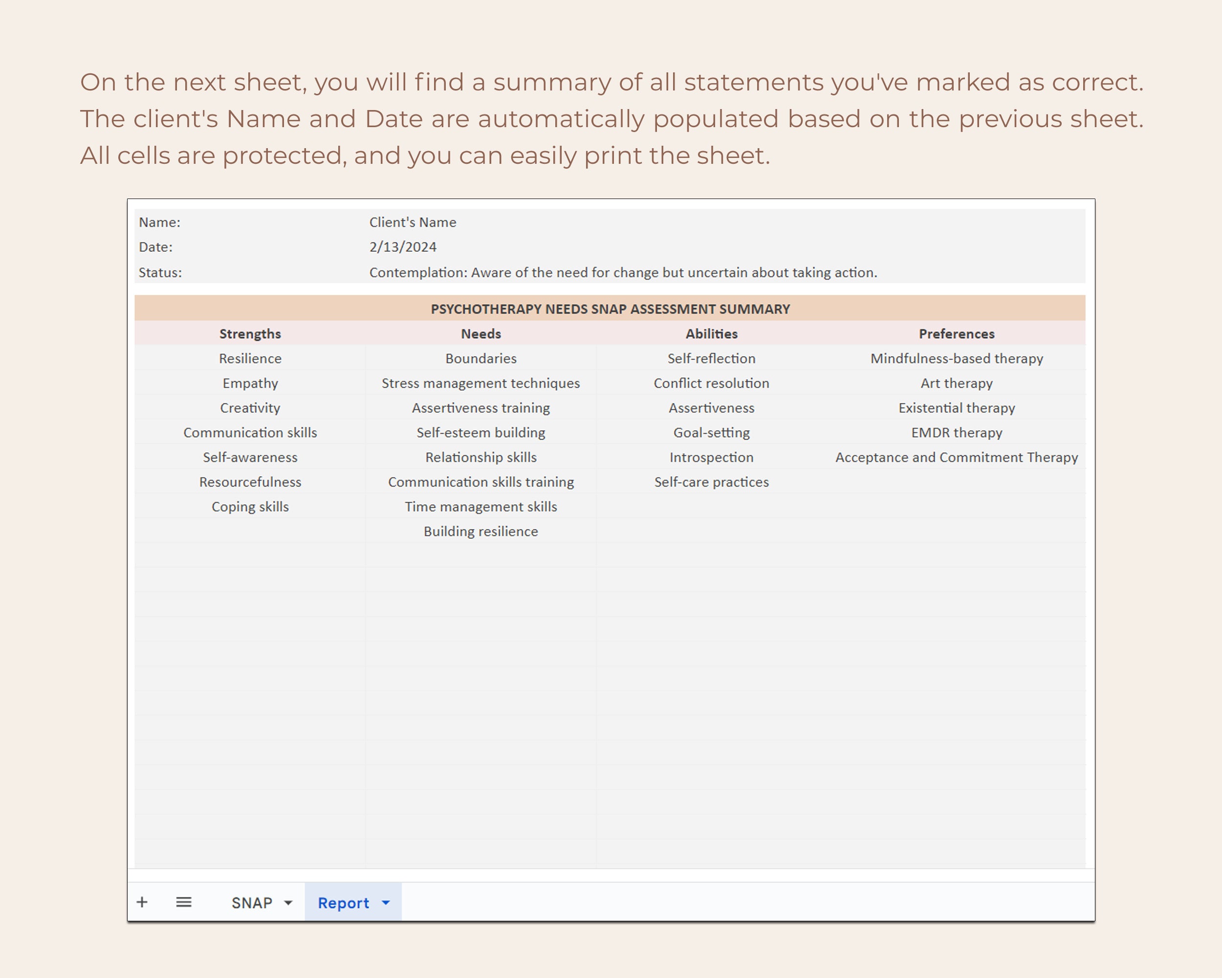 SNAP Assessment Template, Counseling Snap Assessment, Mental Health ...