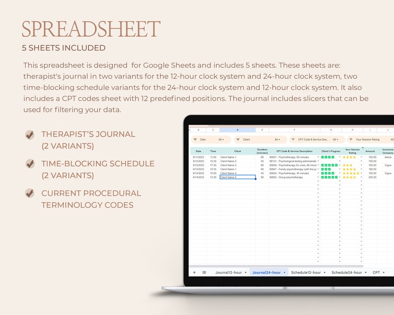Therapist Journal Schedule Template for Organizing Client Sessions Time ...