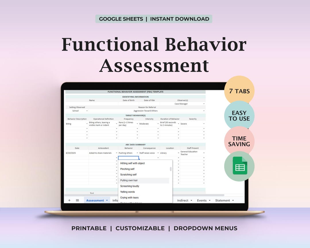 Functional Behavior Assessment Editable ABA Form for Special Education ...