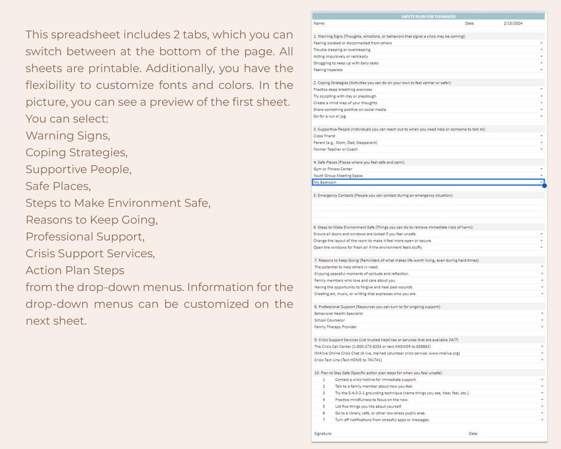Teen Safety Plan Template Emotional Crisis Support Program for ...