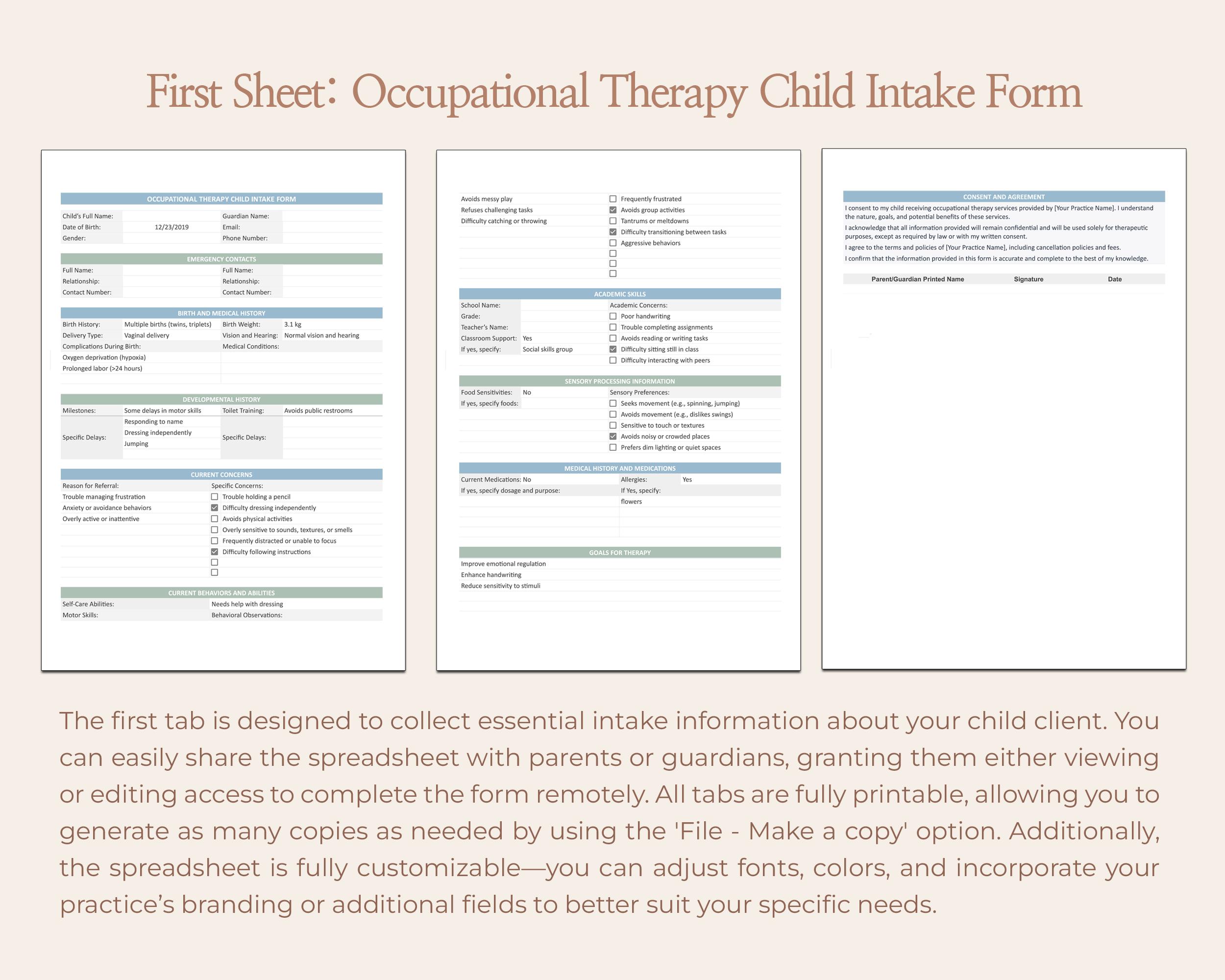 Occupational Therapy Child Intake Form Pediatric Assessment Therapist ...