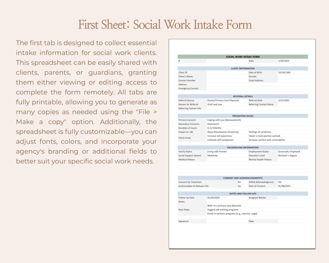 Social Work Intake Form, Social Worker Form, Documents for Social Work ...