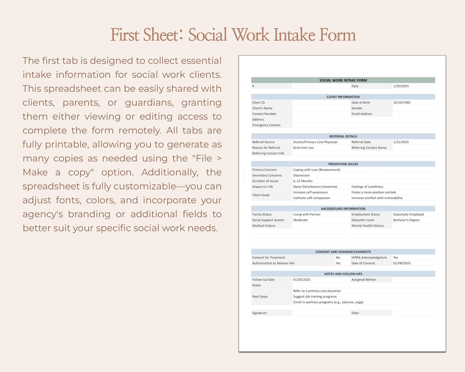 Social Work Intake Form, Social Worker Form, Documents for Social Work ...