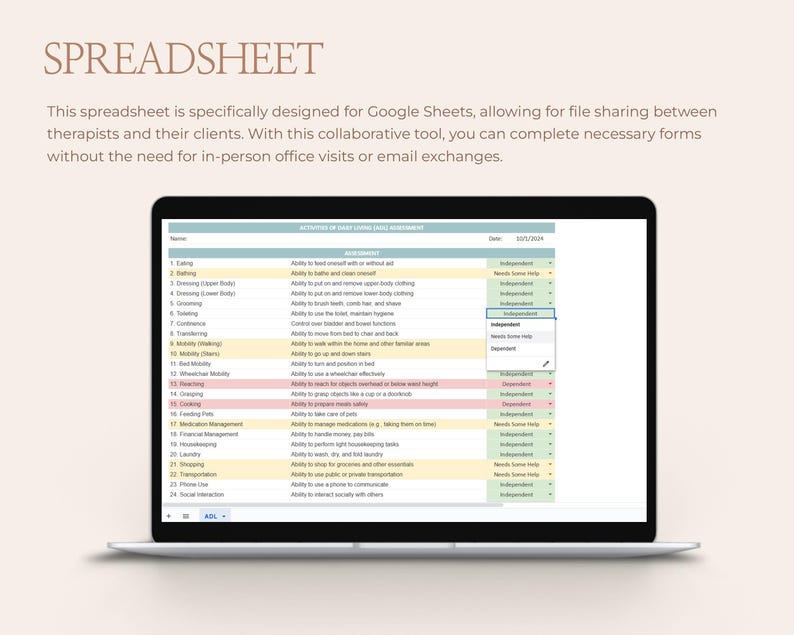 Activities of Daily Living Assessment Checklist ADL Evaluation Tool ...