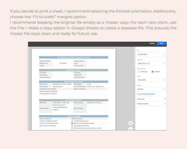 Occupational Therapy Child Intake Form Pediatric Assessment Therapist ...