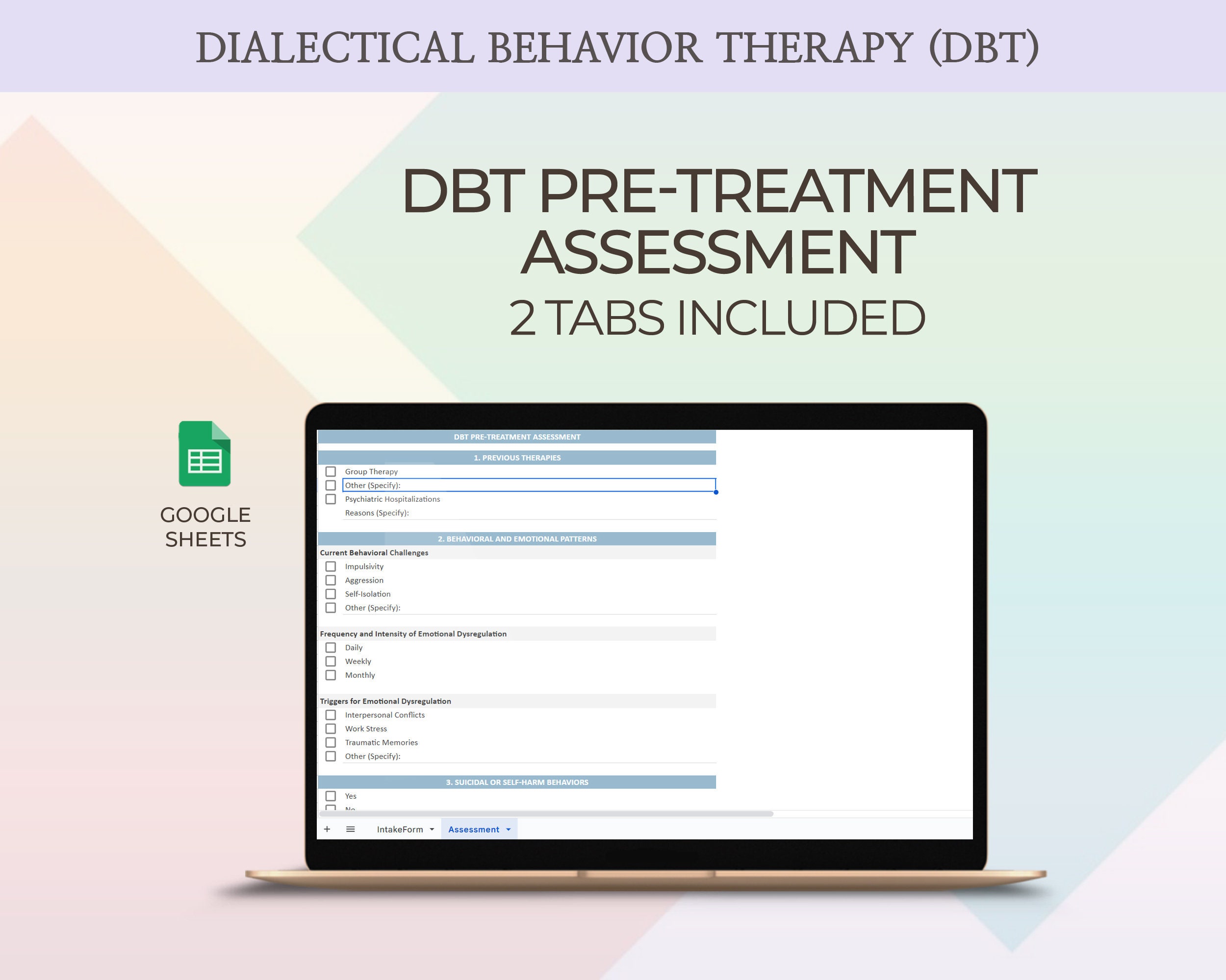 DBT Intake Form Pre-treatment Assessment Dialectical Behavior Therapy ...