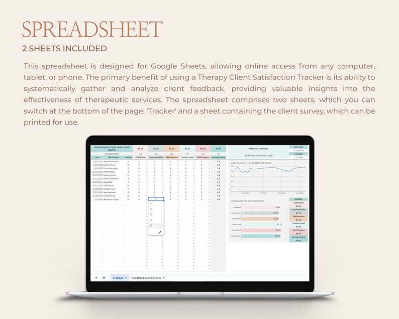 Therapy Client Satisfaction Tracker Spreadsheet Google Sheets Feedback ...