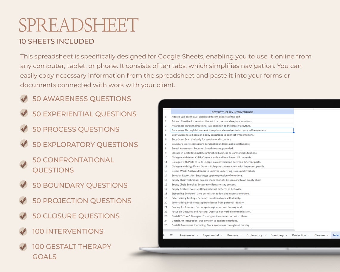 Gestalt Interventions Questions Goals Therapist Checklist Worksheets ...