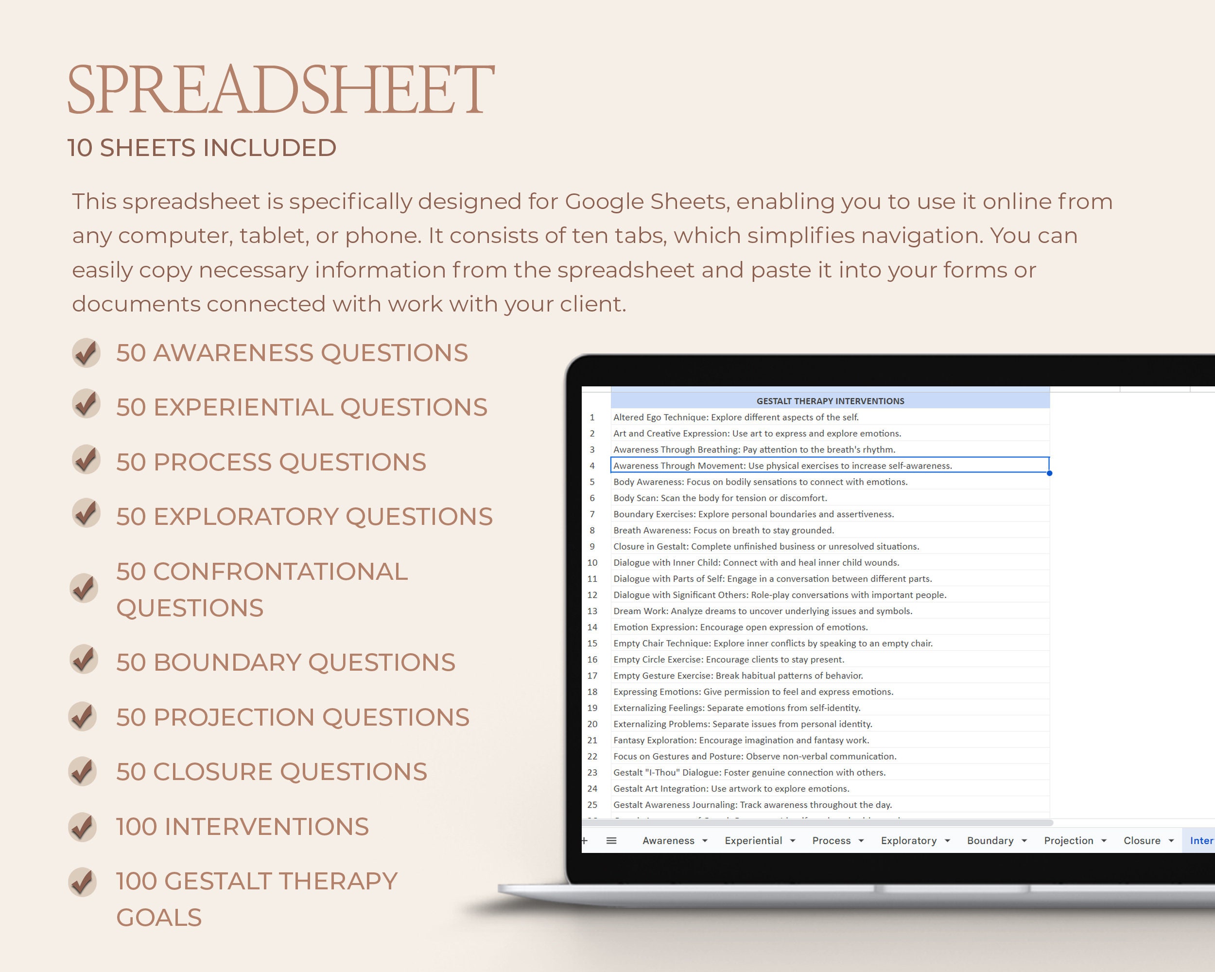 Gestalt Interventions Questions Goals Therapist Checklist Worksheets ...