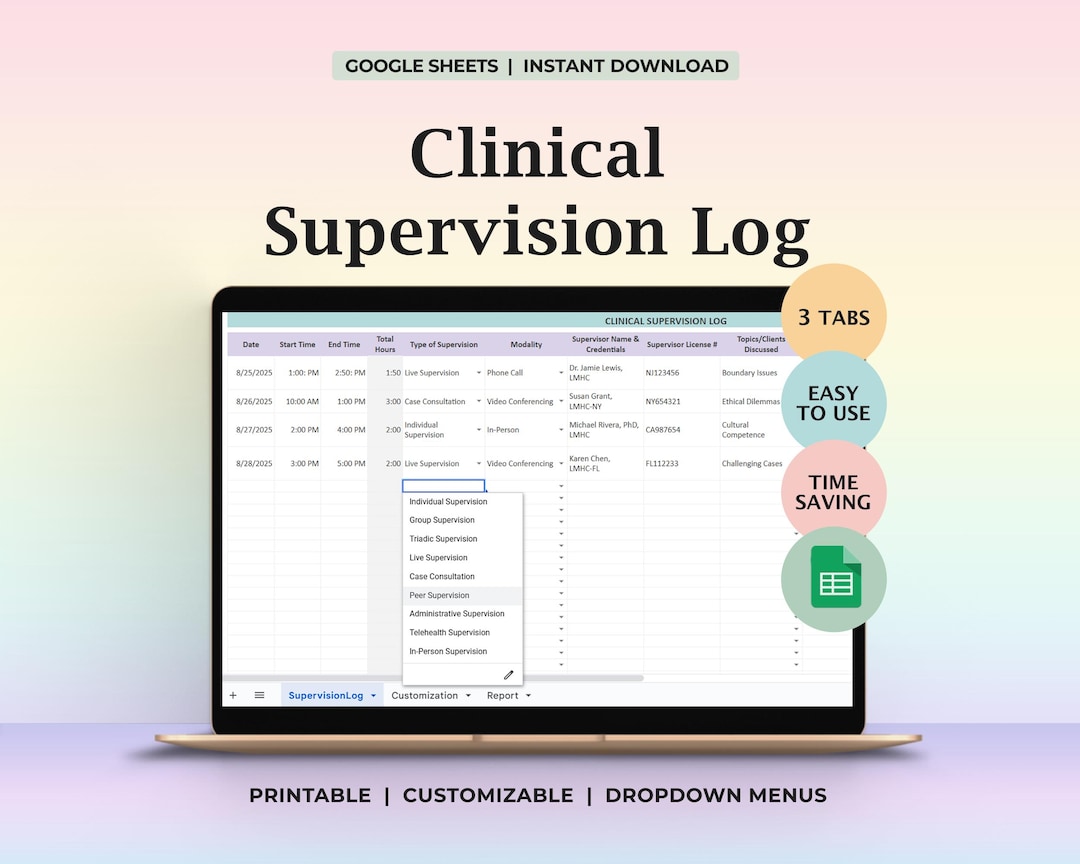 Clinical Supervision Log Template for Pre Licensed Therapists Tracking ...