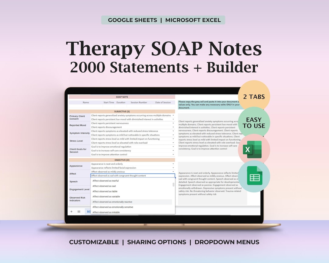 SOAP Note Generator Therapy Session Notes Editable Dropdown Clinical ...