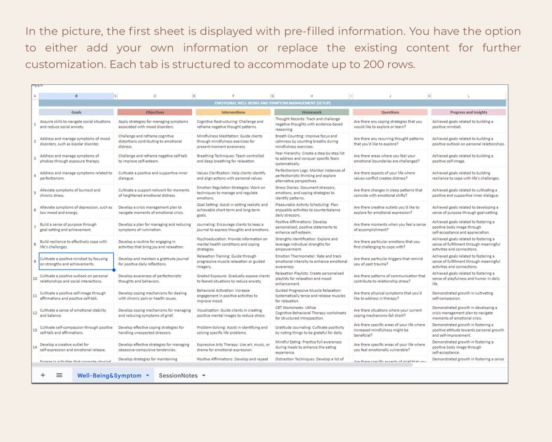 Therapy Goals Session Notes Template Treatment Objectives Intervention ...