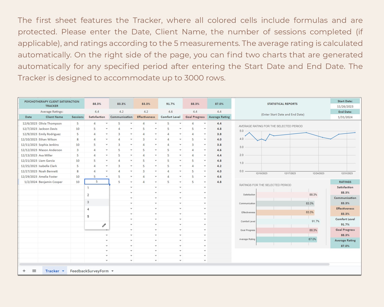 Therapy Client Satisfaction Tracker Spreadsheet Google Sheets Feedback ...