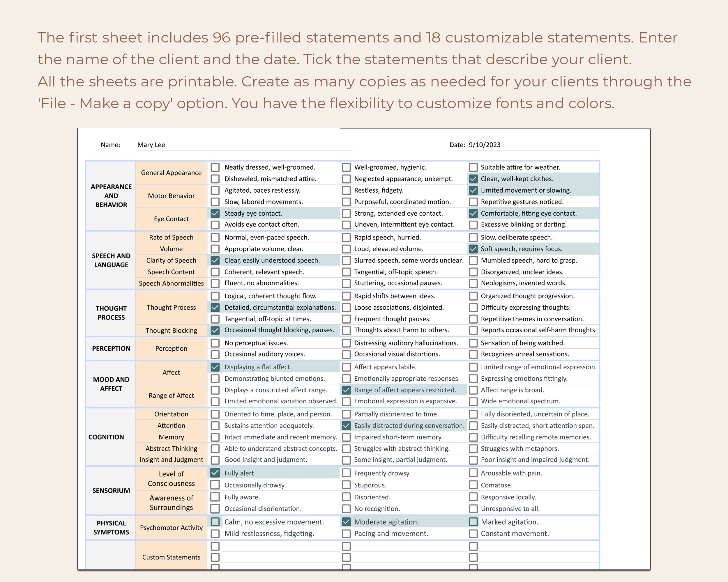 MSE Sheet Template, Mental Status Exam, Mental Status Assessment ...