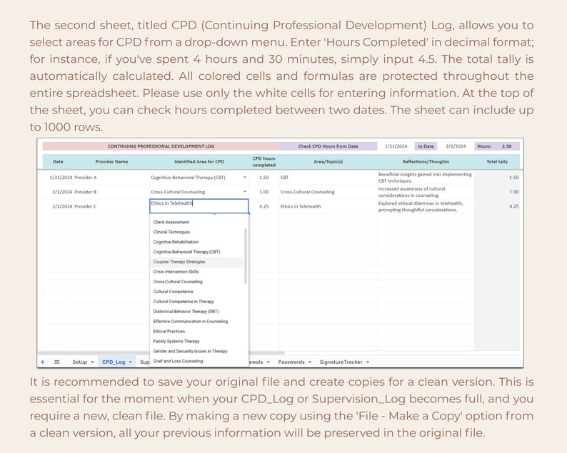 CPD Log, Clinical Supervision Log Template, Therapist Planner, Clinical ...