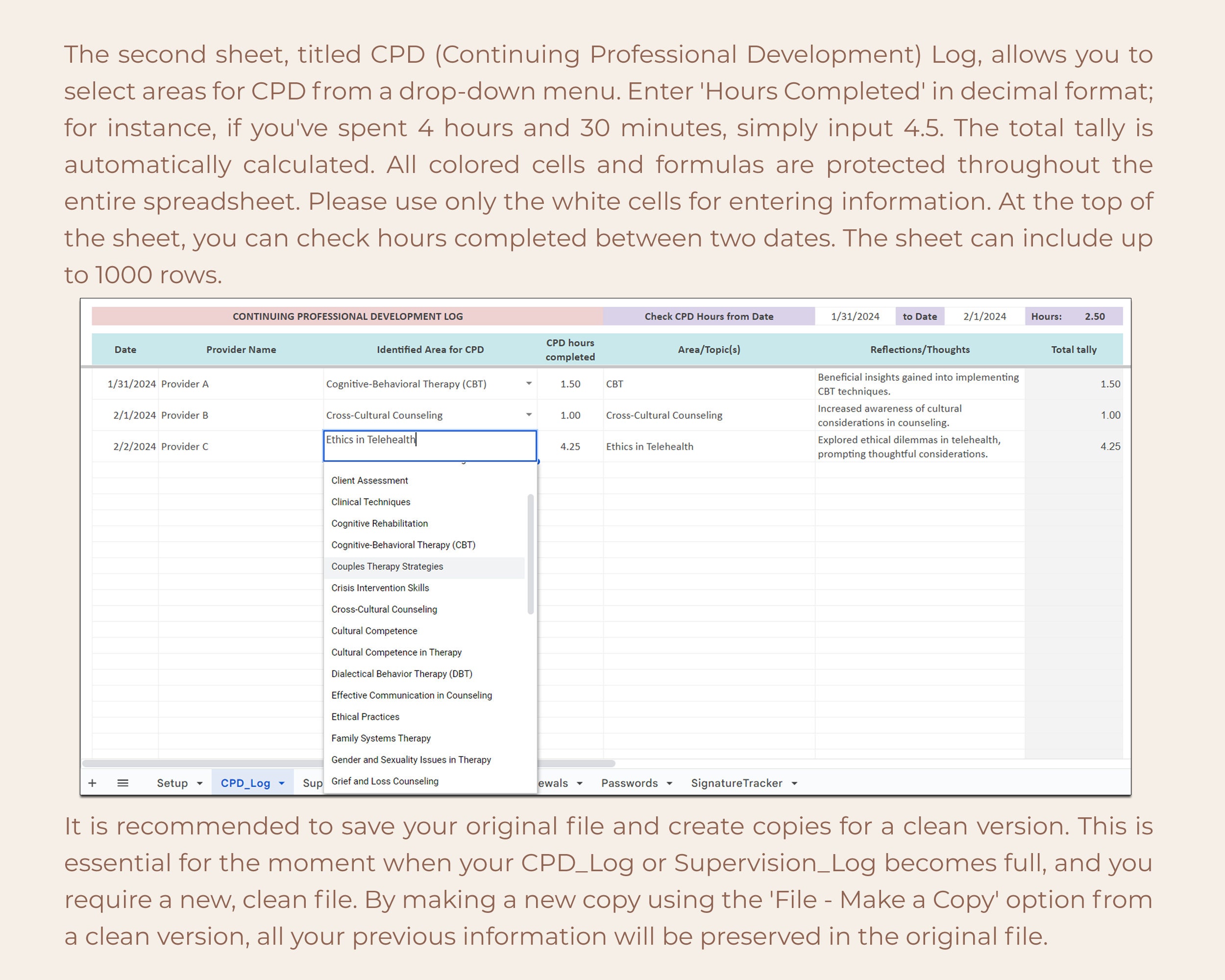 CPD Log, Clinical Supervision Log Template, Therapist Planner, Clinical ...