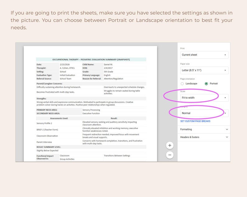Pediatric OT Evaluation Template Google Sheets School Based ...