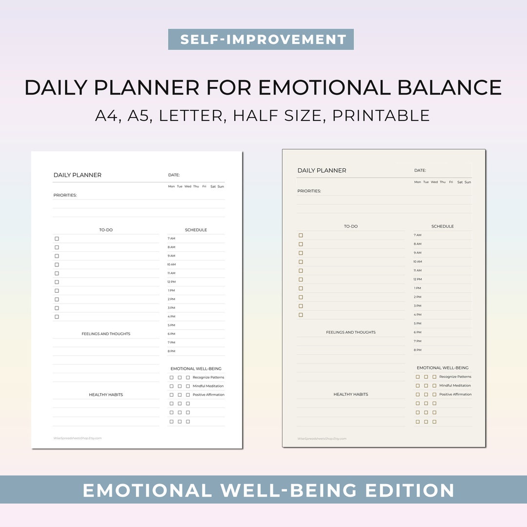 Emotional Daily Planner, Self-care Worksheet, Mental Health, Daily ...